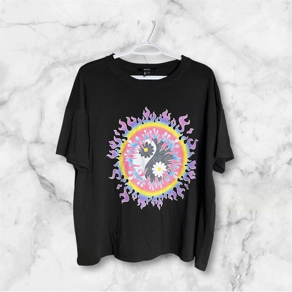 Tops | Black Graphic Tee Yin Yang Flame Design Oversized Fit | Poshmark